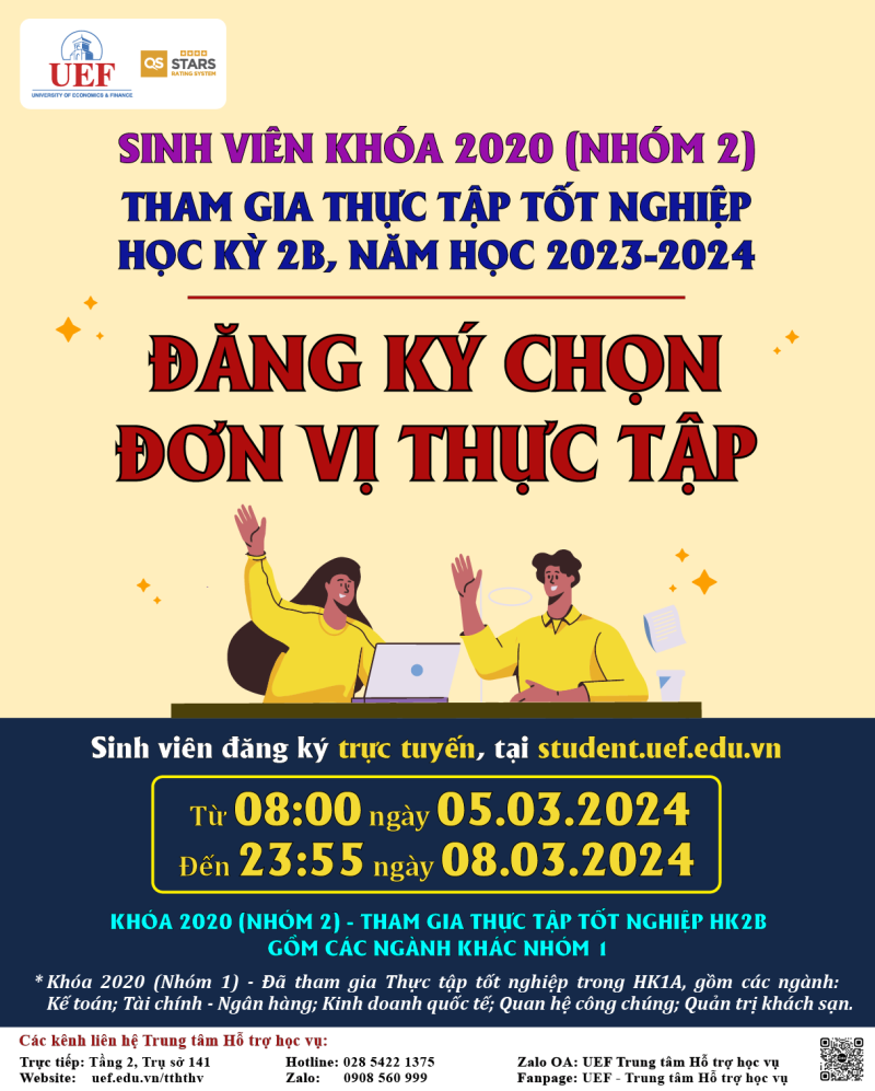 SINH VIÊN KHÓA 2020 (NHÓM 2) THỰC TẬP TỐT NGHIỆP TRONG HK2B NH 2023-2024 ĐĂNG KÝ CHỌN ĐƠN VỊ ...